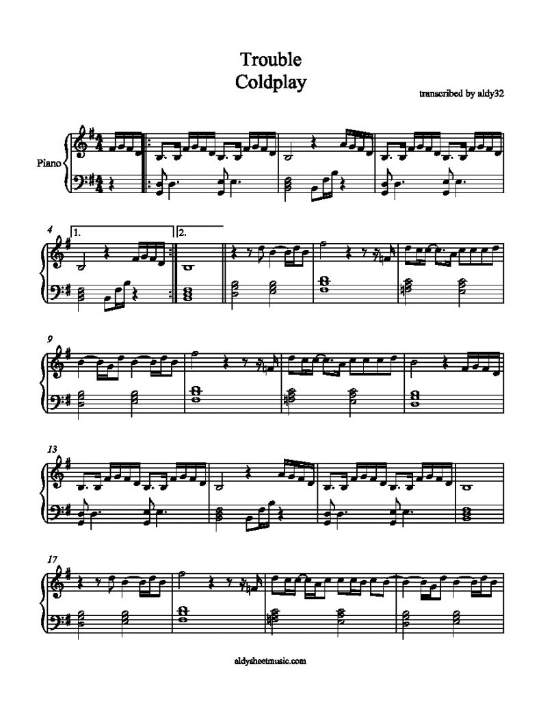 Trouble – Coldplay – Aldy Sheet Music